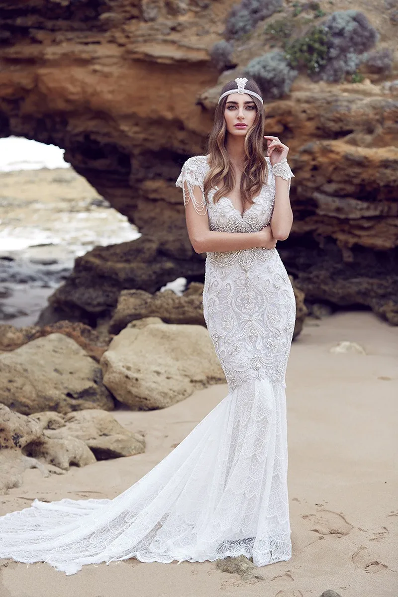 2016 New Style Stunning Full Beading Crystal V Neck Mermaid Sexy