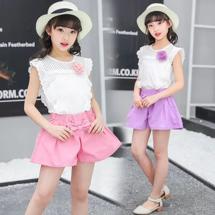 Verano princesa Niñas Ropa 2018 o cuello Rosa Tops Shorts 2 unidades ...