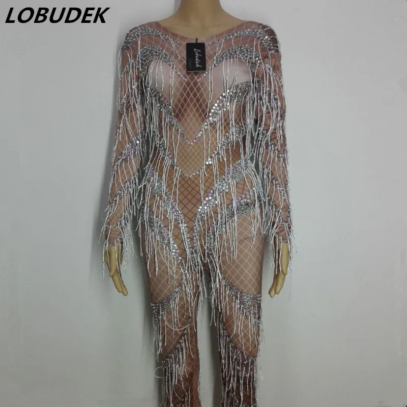 Sexy Tassel Jumpsuit Sparkly Crystals Stretch Leotard Jumpsuits
