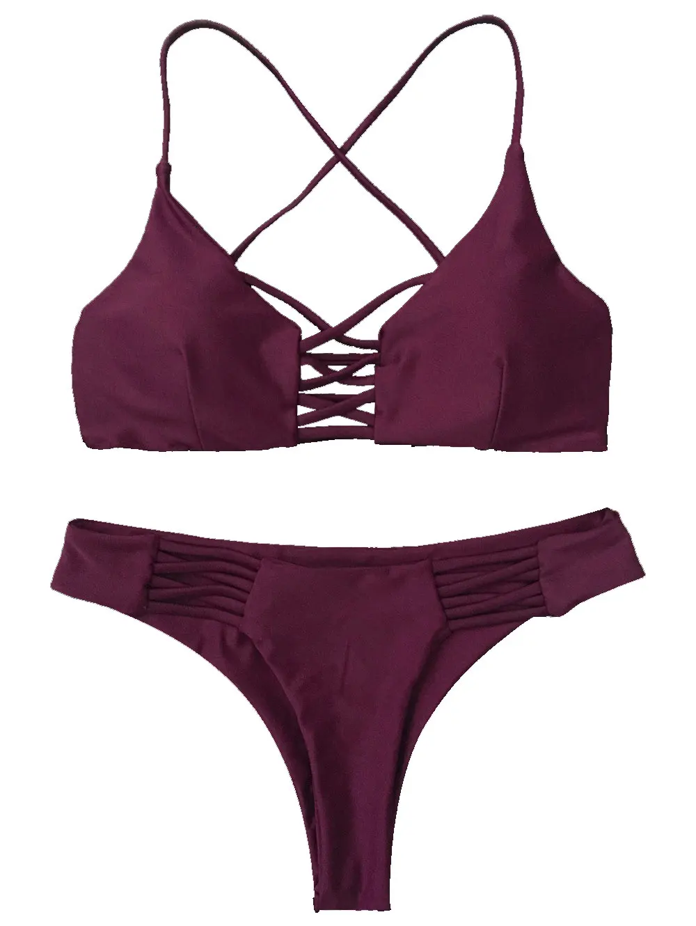 Wine Red Criss Cross Swimsuit Monokini Pads Push Up Biquini Bathing