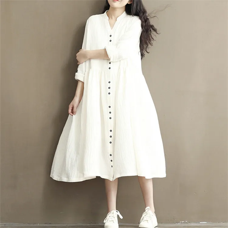 Vestido de lino y algodón de manga larga para mujer, ropa holgada informal, Vintage, con botones ...