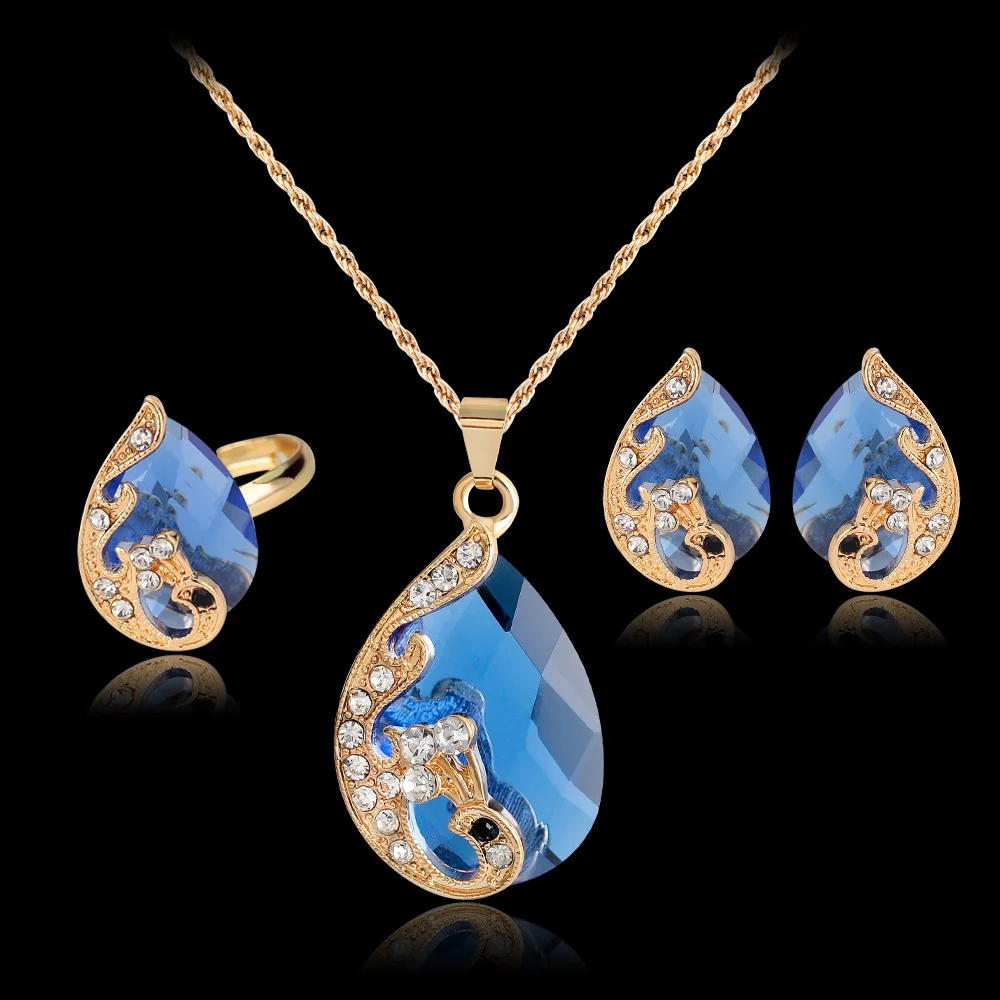 Women Gilded Jewelry Sets Like Peacock Inlay with Blue White Dark Red ...