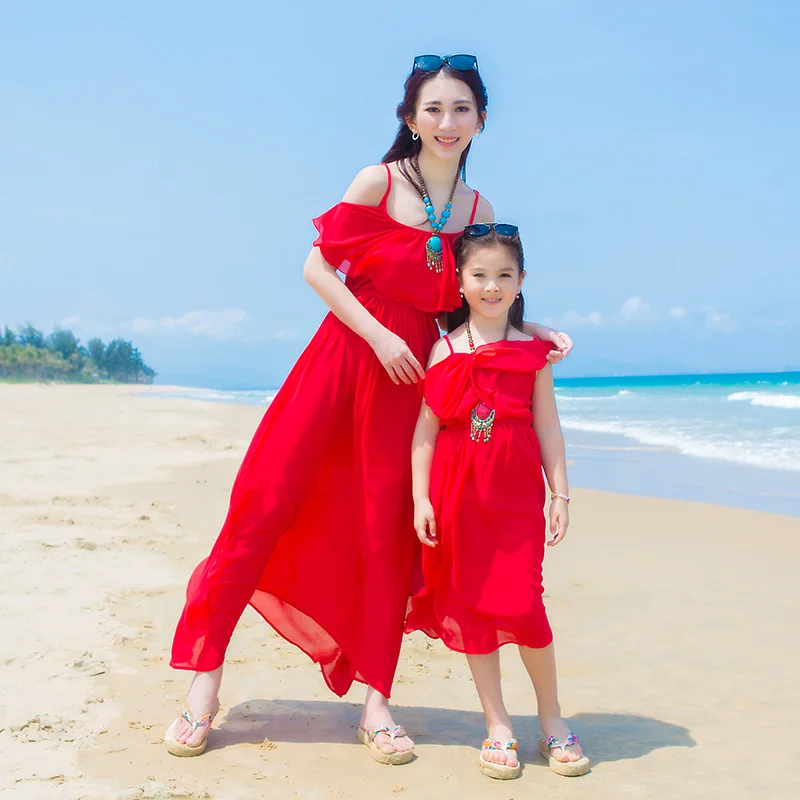 Mother Daughter Dresses Outfits Off Shoulder Sling Skirt Red Mom and ...