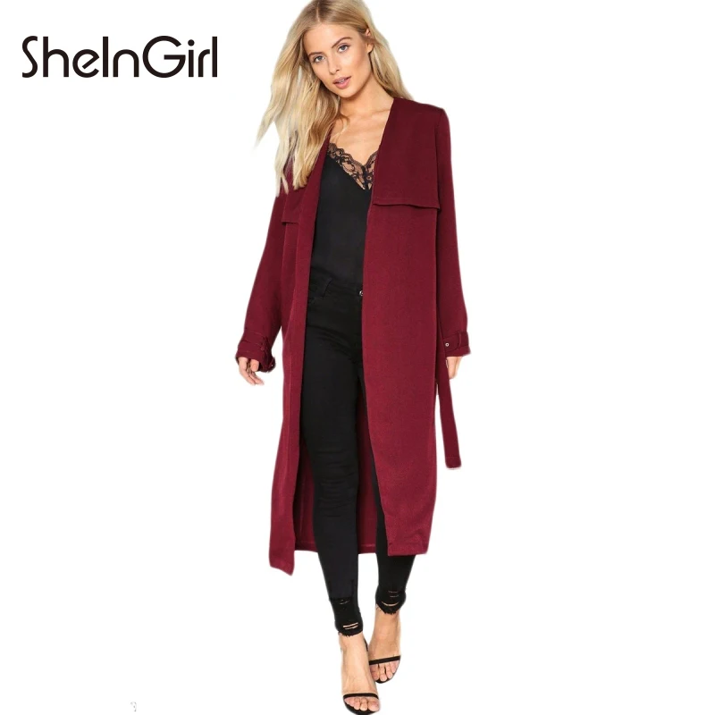 SheInGirl 2017 Autumn Open Stitch Solid Burgundy Women Trench Coat Long ...