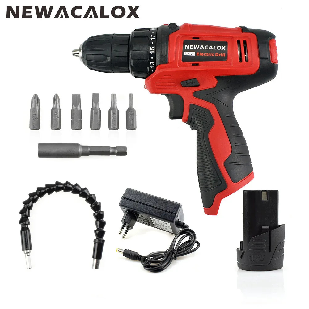 Newacalox 12v Eu Plug Household Wireless Rechargeable Electric Drill