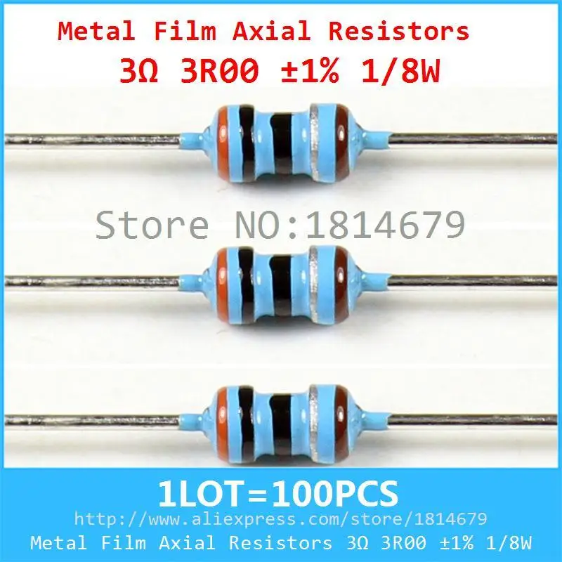 1LOT=100PCS Metal Film Axial Resistors 3ohm 3R00 1% 1/8W 0.125W 1/8W=1 ...