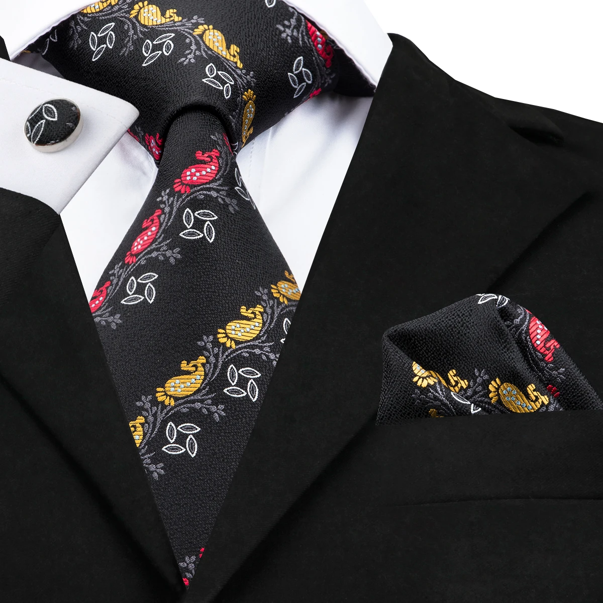 SN 1690 Floral Necktie 8.5cm Classic Black Neck Tie Handkerchief ...