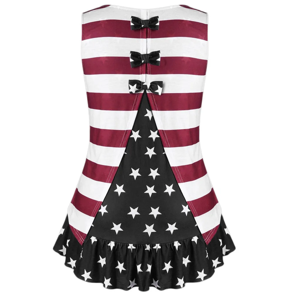Fashion Womans Clothes Plus Size American Flag Print Ruffles Bowknot