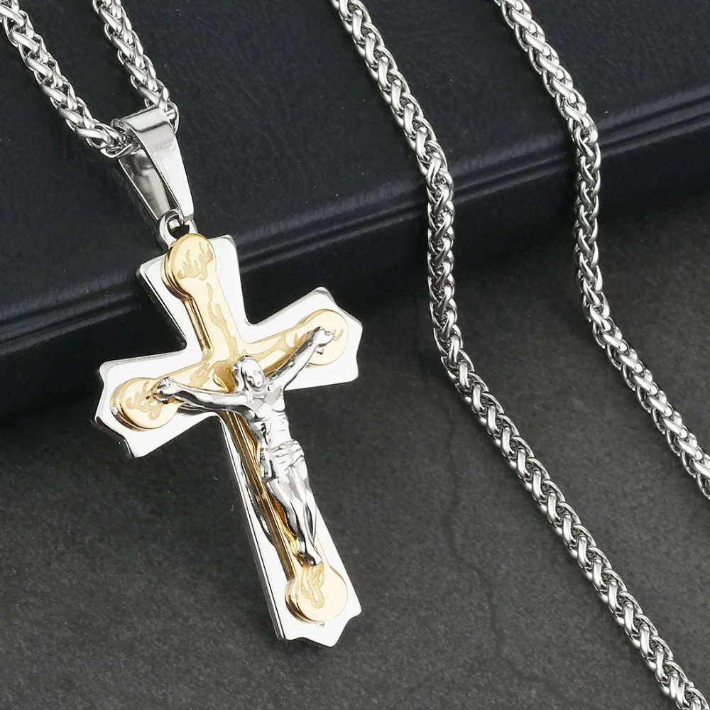 Christ Cross Pendant Necklace Male Sturdy Stainless Steel Crucifix Link ...