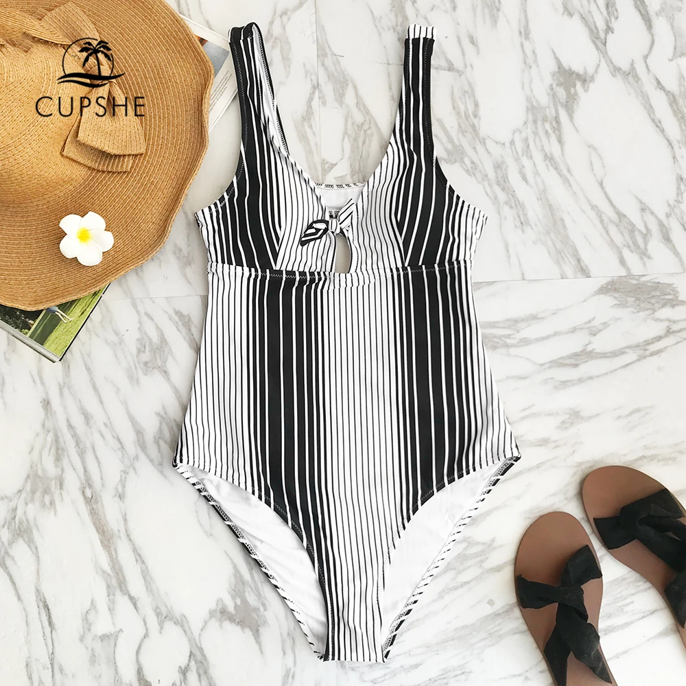 Cupshe Irregular Striped One Piece Swimwear Women Bowknot V Neck