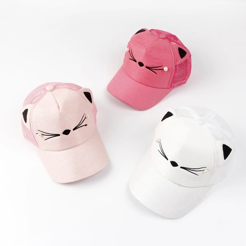 1pc Child Hat Cute Cat Baseball Cap Hat Summer Messy Bun Mesh Hats ...