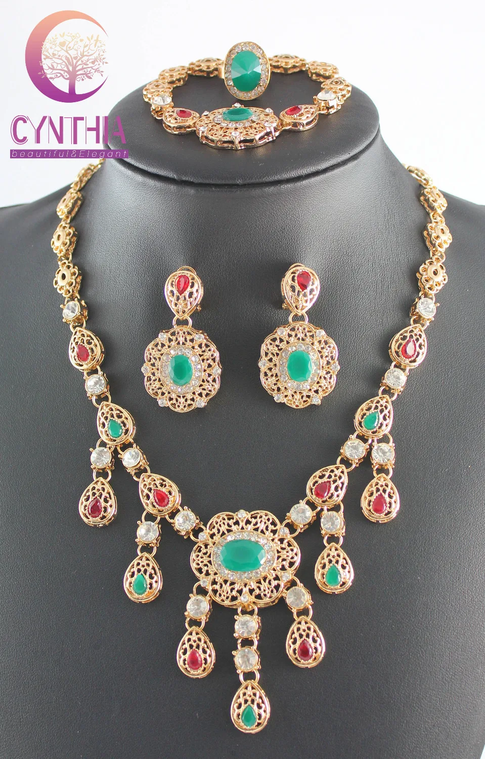 Hot Selling Dubai Colorful Rhinestone Gold Jewelry Sets Necklace Muslim ...