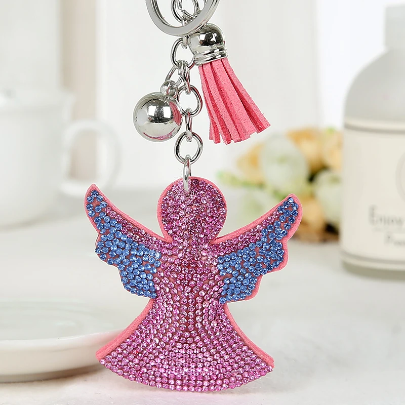 Crystal Leather angel Keychain Leather Tassel Pendant Gifts Couple Key ...