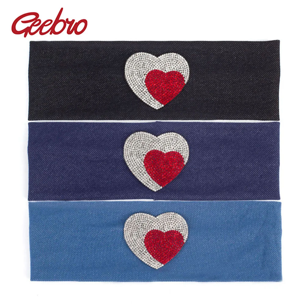 Geebro Women S Plain Stretch Headbands Fashion Double Heart Rhinestones