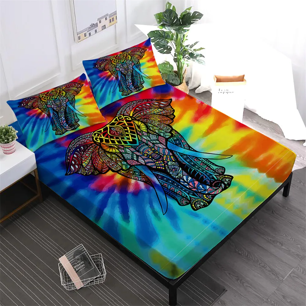 Tie-Dyeing-Elephant-Sheet-Set-Bohemia-Colorful-Animal-Bed-Linens-Deep ...