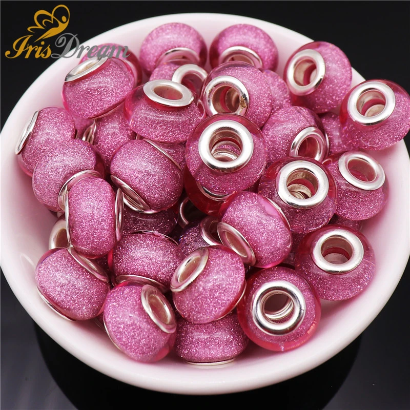 10pcs Rondelle Glitter Round Big Hole Murano Resin Beads Spacer Fit ...