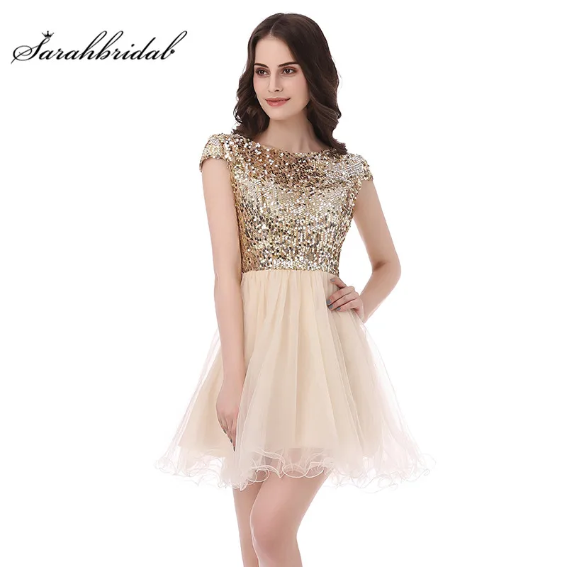 Sexy Sparkle Cocktail Dresses with A Line Party Mini Skirt Short Sleeve ...