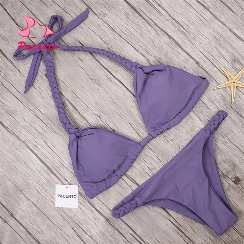 Pacento Bikinis Set Solid Purple Swimwear Women Push Up Bra Halter ...