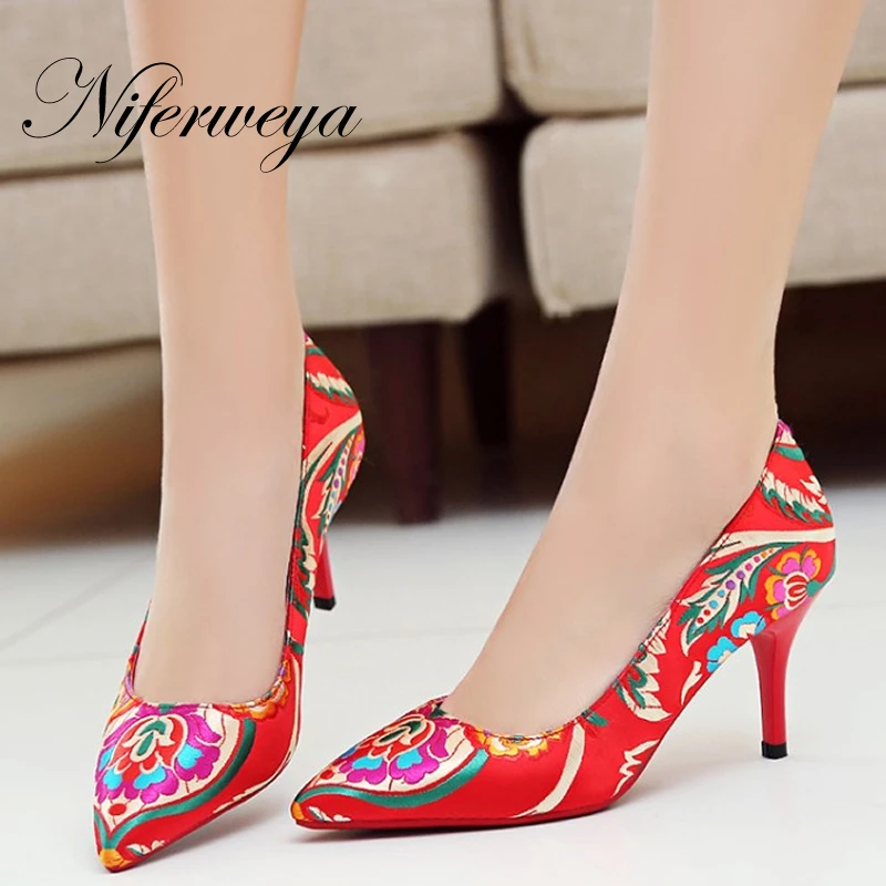 Chinese style embroidery women wedding shoes sexy Pointed Toe Slip On ...