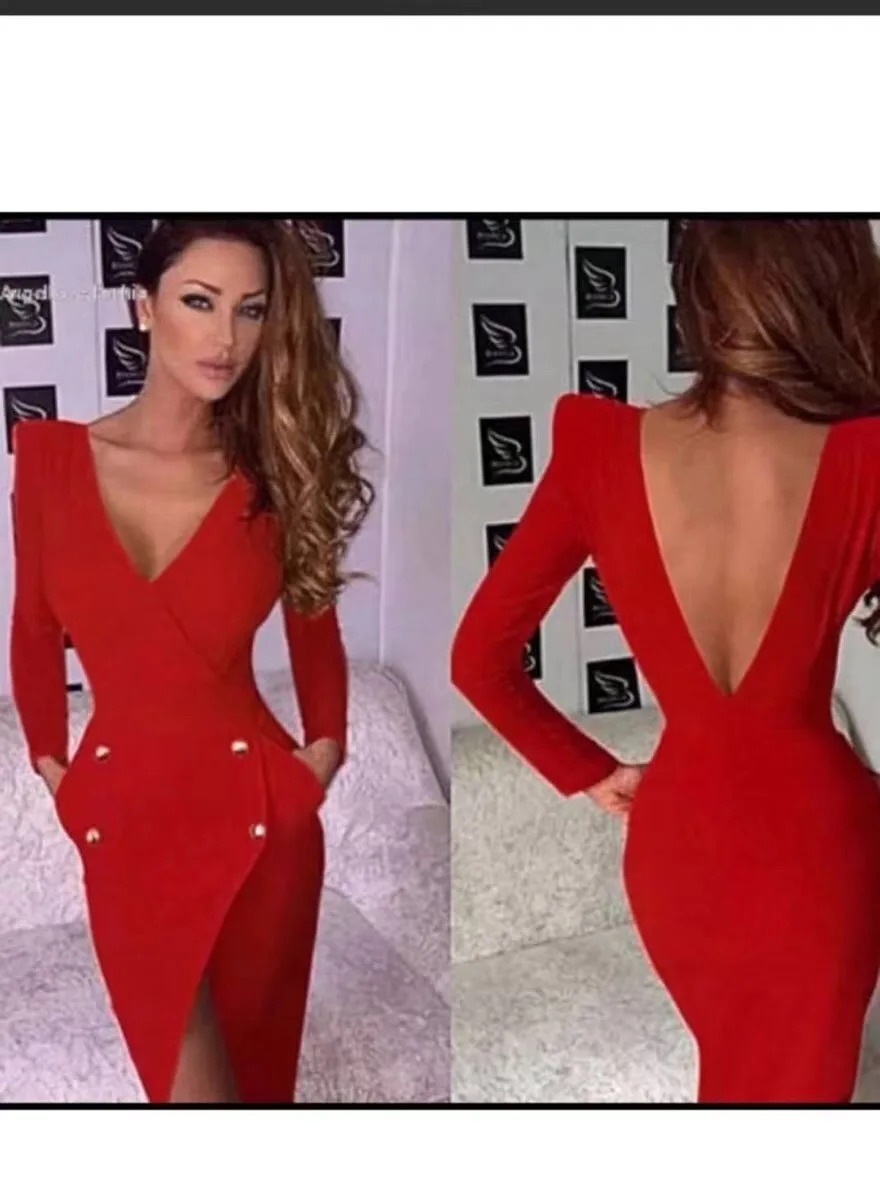 2018 Spring New Women Long Sleeve Sexy Red Cut Out Dress Deep V Neck ...