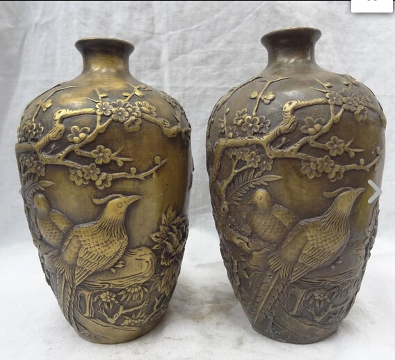 4022++8" Chinese Pure Bronze 2 Magpie Bird Pine Tree Statue HanZi ...