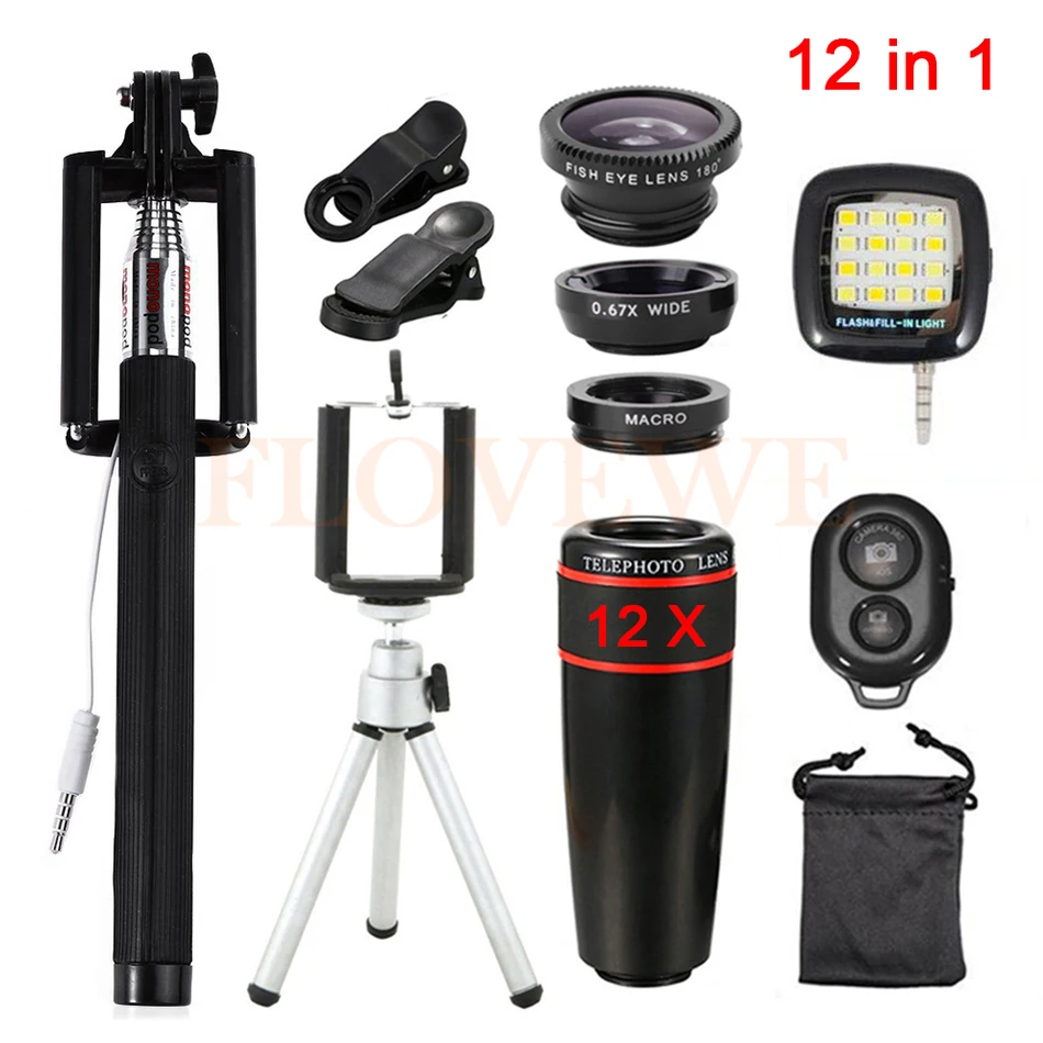 12in1 Kits Phone camera lens kit 12x Zoom Telephoto Lenses Fisheye Wide ...