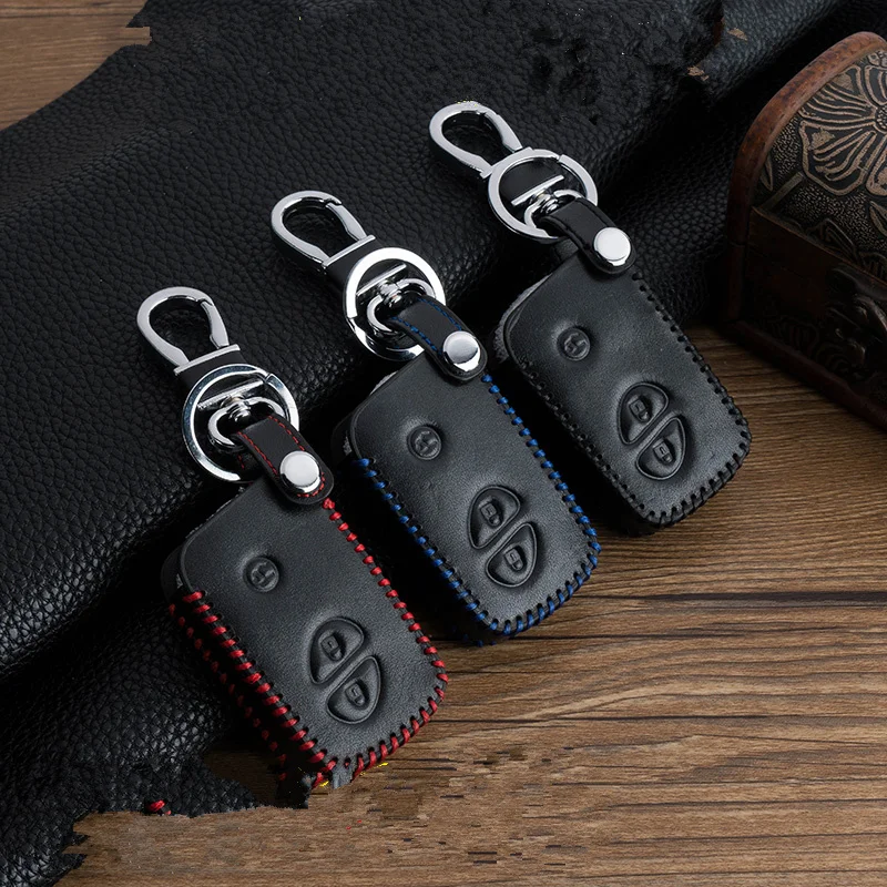 3 Buttons Leather Car Key Cover case Bag Keychain skin Protection Set ...