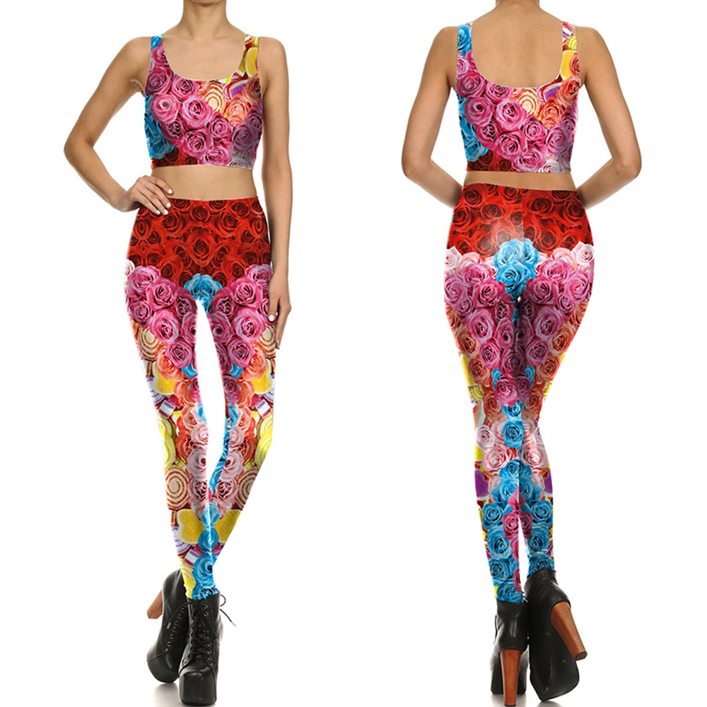 Colorful Rose Flowers Yoga Sets Skinny Running Leggings Crop Top Gym ...