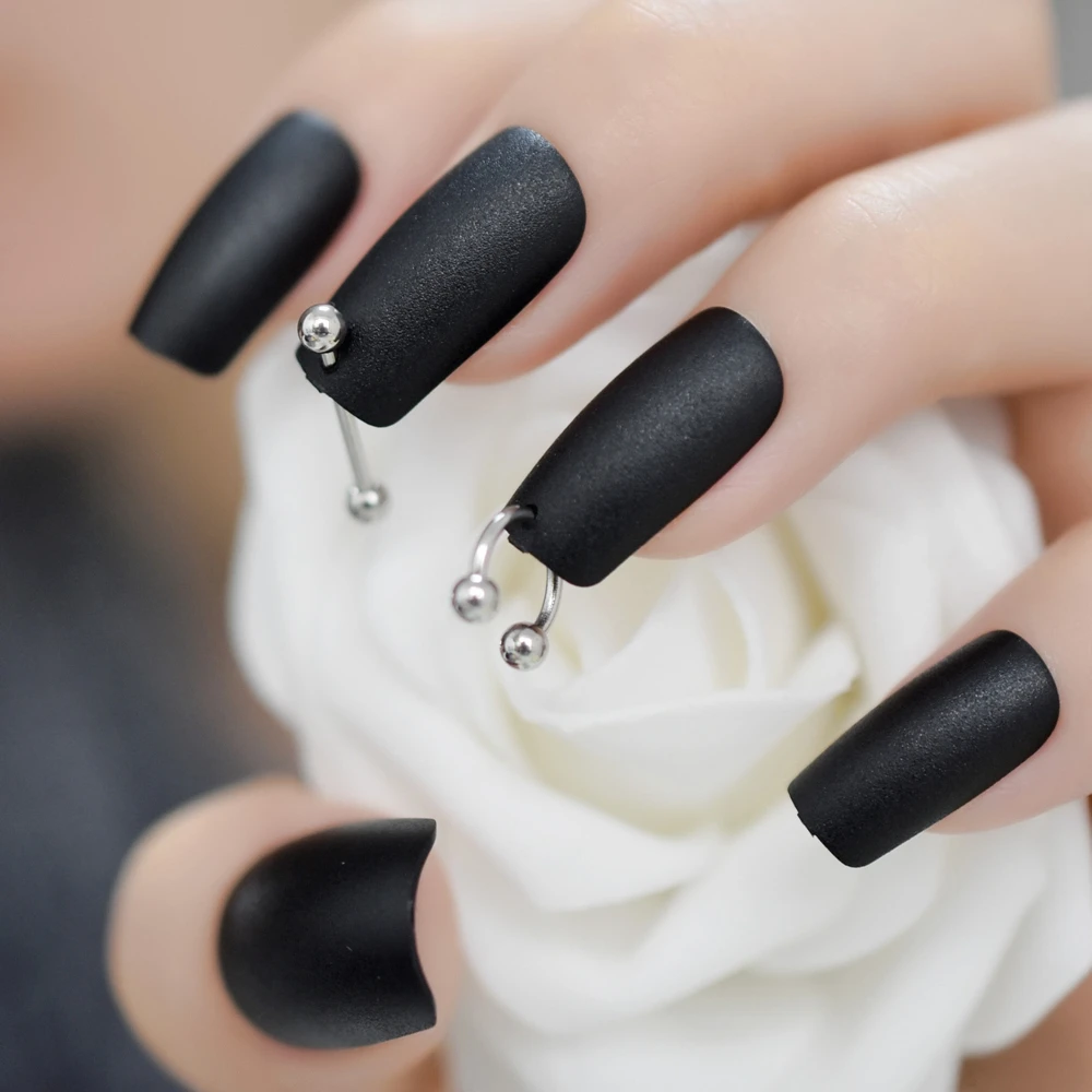 Black Matte Punk Nail Accessories Metal Unique Dark Long False ...