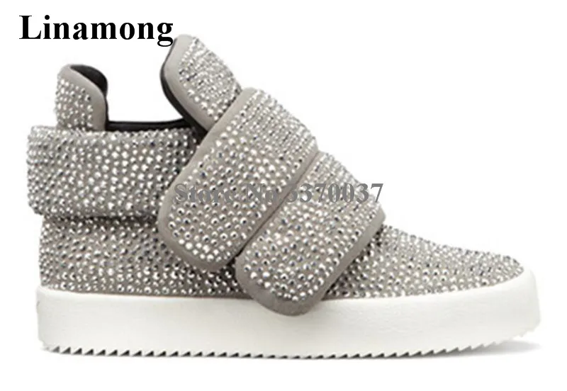 Women Bling Bling Round Toe Rhinestone Flat Grey Black Short Boots High ...