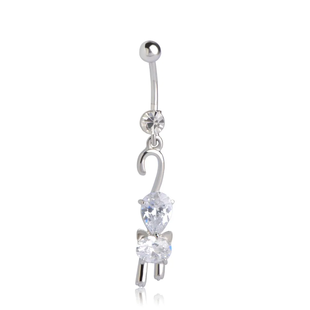 Rhinestone Cat Navel Ring Spiral Piercing Long Navel Dangle Belly