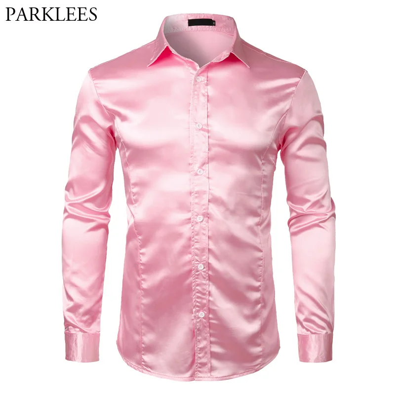 Chemise de luxe en Satin de soie rose pour homme, tenue Slim à manches ...
