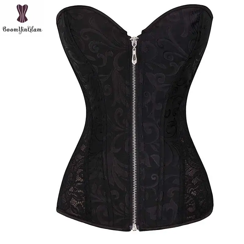 Front Zipper Floral Corset Overbust Black White Cream Waist Trainer Sexy Women Steel Boned
