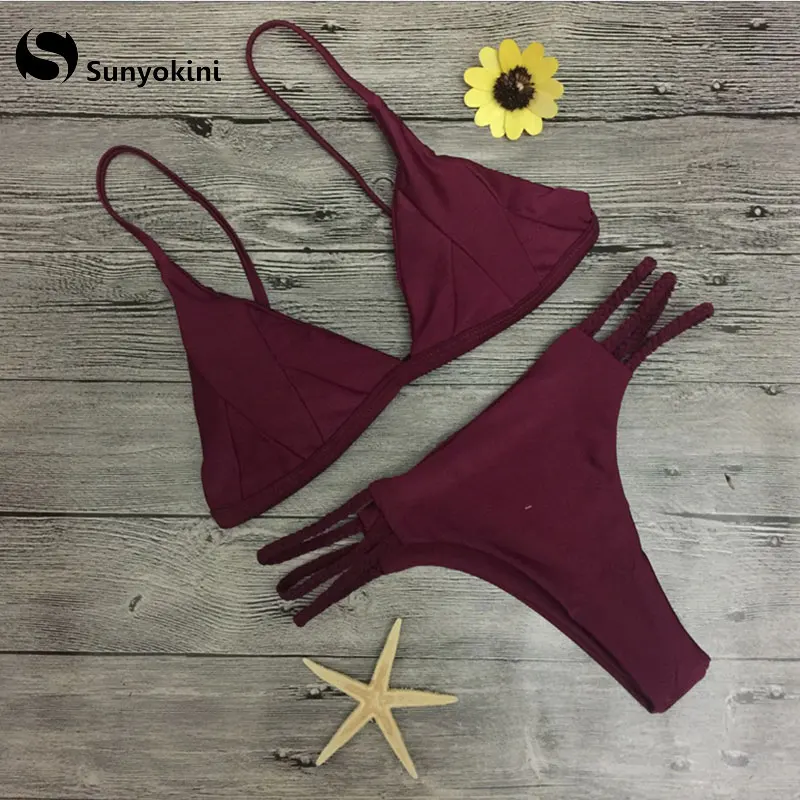 Sunyokini 2018 Swimsuit Sexy Patched Bikini Solid Swimwear Women