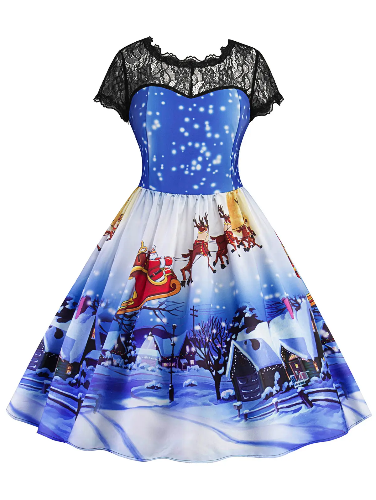 Gamiss Women Christmas Printed Lace Panel Vintage Dress Autumn Spring