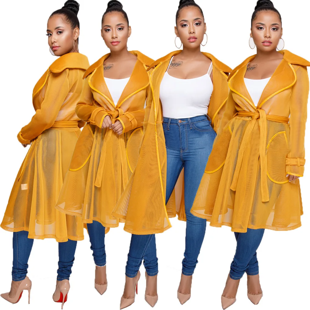 Plus Size Mesh Sheer Long Trench Coat Belted Yellow Turn Down Collar ...