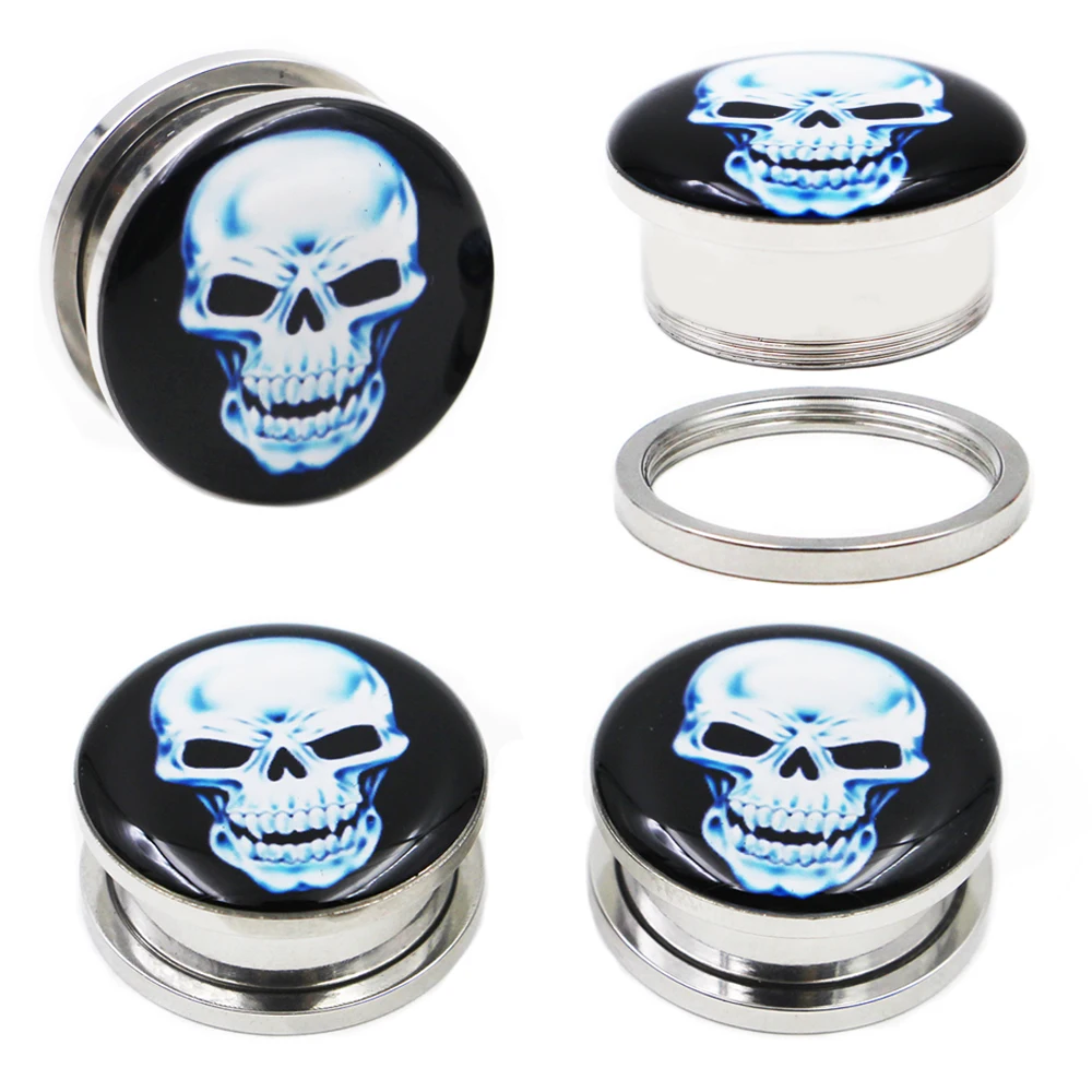 2 Pieces= 1 Pair Ice Blue Skull Plug Gauges Stainless Steel Screw Fit ...