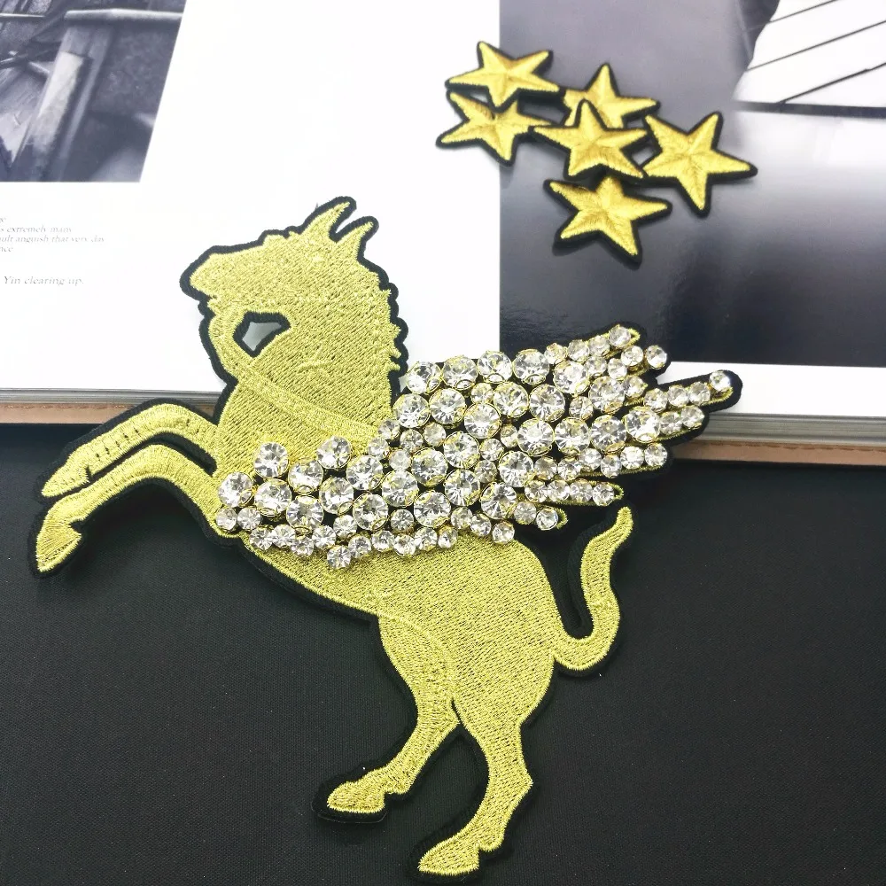 Rhinestone-Patches-Gold-Embroidered-Star-Cartoon-Unicorn-Iron-On-Patch ...