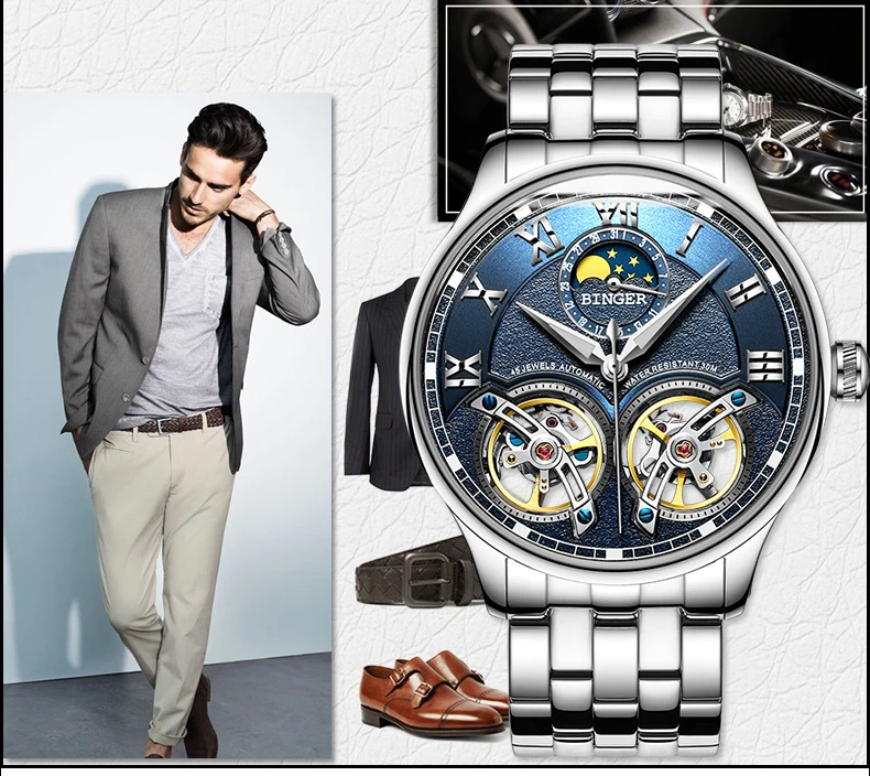 Двойной турбийон Швейцария Binger оригинальные мужские автоматический ...