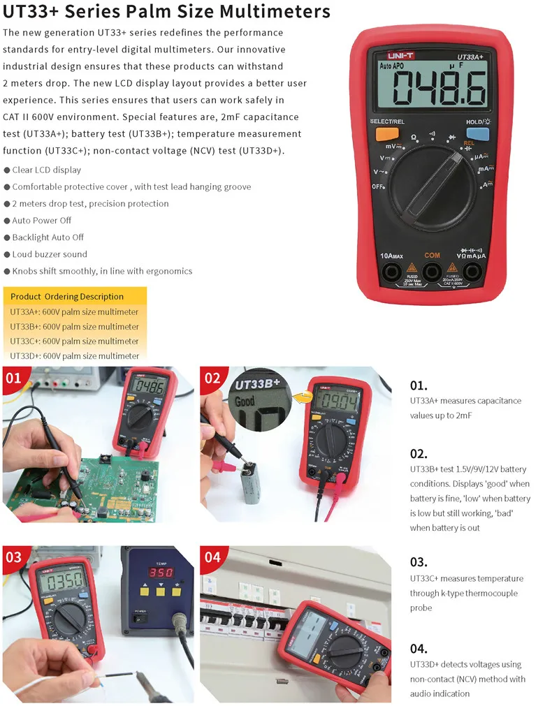 2020 UNI T UT33A+/UT33B+/UT33C+/UT33D+ Palm Size Multimeter; Resistance ...