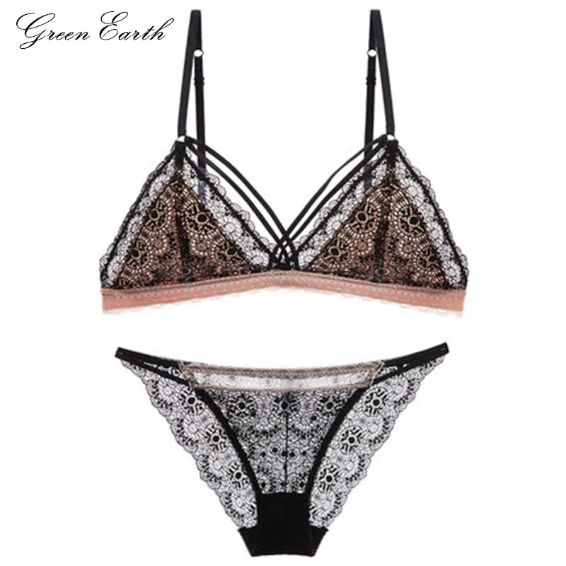 GreenEarth Women's Ultra thin Triangle Wirefree Bra Set Ultra thin Lace ...