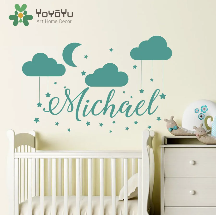 Name Wall Decal Baby Nursery Custom Name Bedroom Clouds Moon Decor Wall