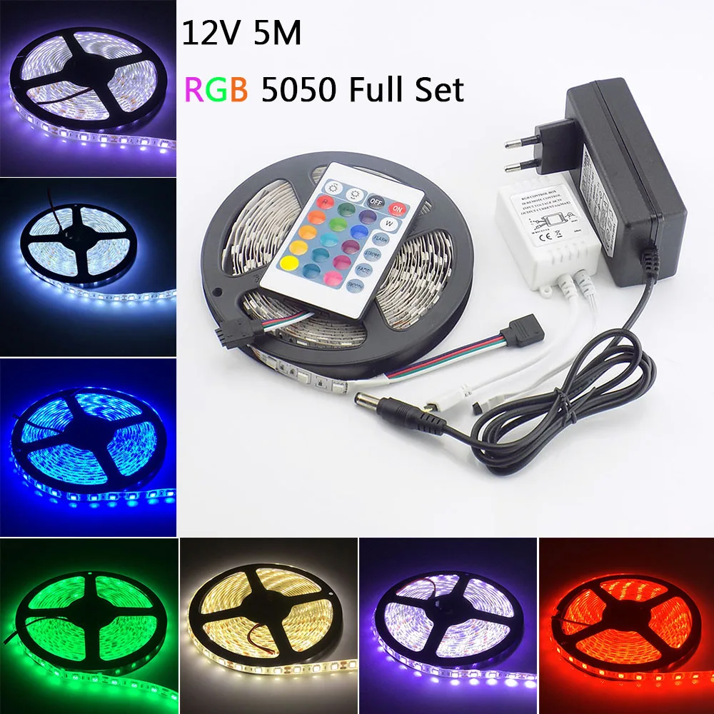 5M Waterproof 5050 RGB LED Strip 12V LED Tape Light with 24 keys Remote ...