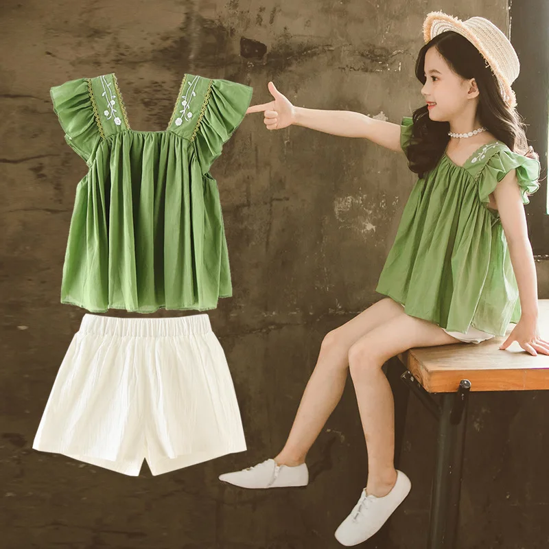 Girls Summer Clothes Set Square Collar Embroidered Lace Tops & White ...