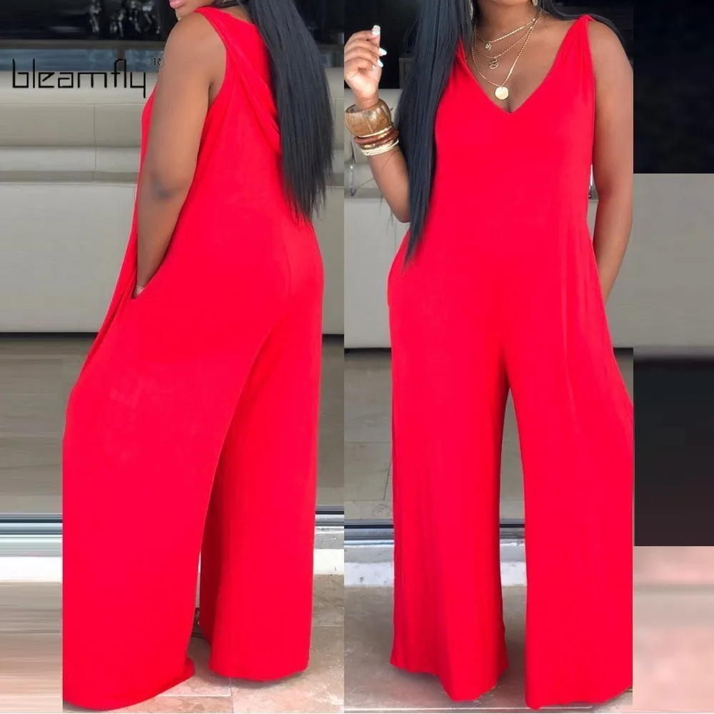 Red Loose Jumpsuit Women Summer Hooded V Neck Sleeveless Rompers