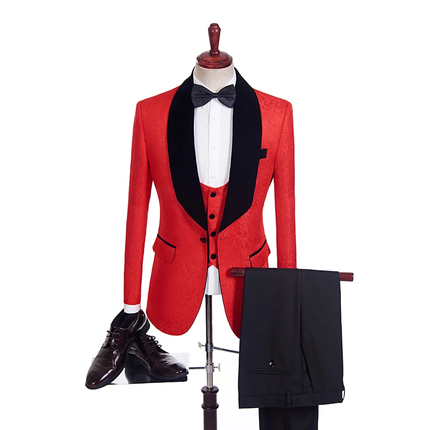 2018 3 Piece Black Velvet Shawl Lapel Groom Tuxedos Red/White/Black ...