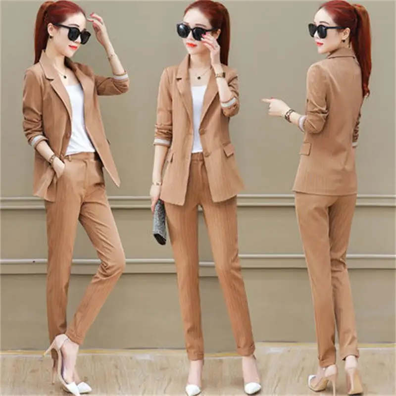 Fashionnew Blazers Suit Solid Simple Women Pants Suits 2 Two Piece Sets