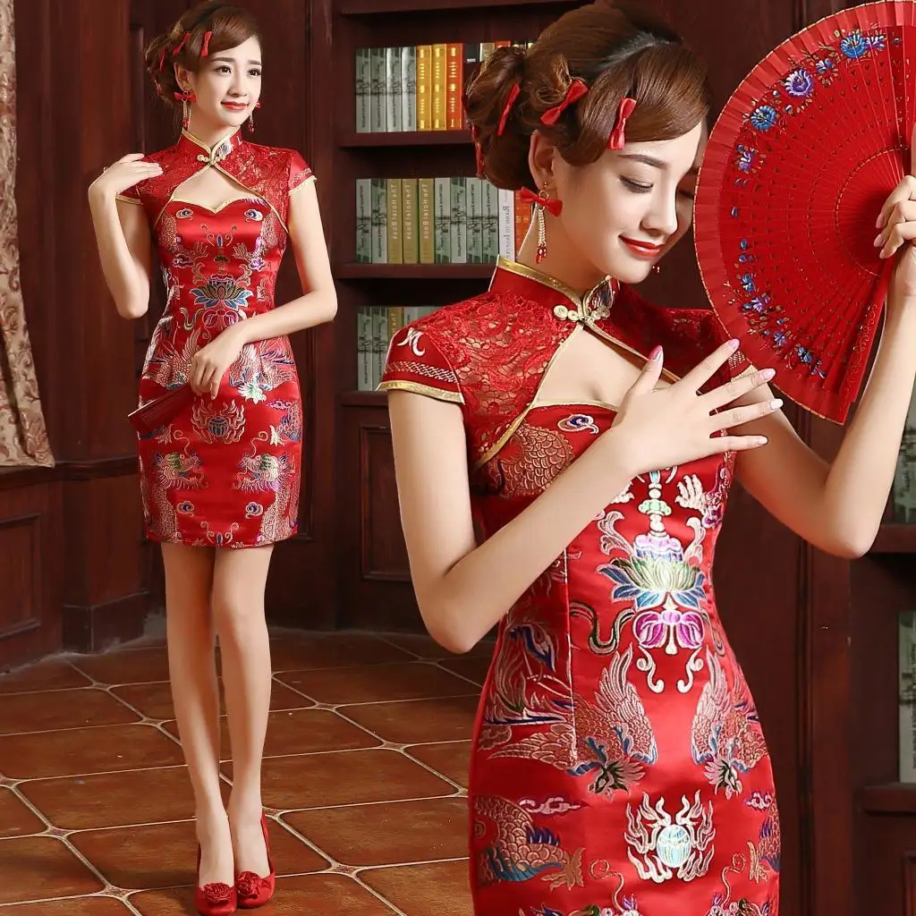 Cheongsam phoenix vermelho moderno casamento cheongsam vestido chinês ...