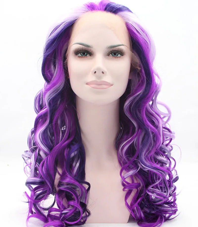 Fashion Purplewhite Mixed Color Curly Wave Wig High Quality Purple Deep Wave Synthetic Lace