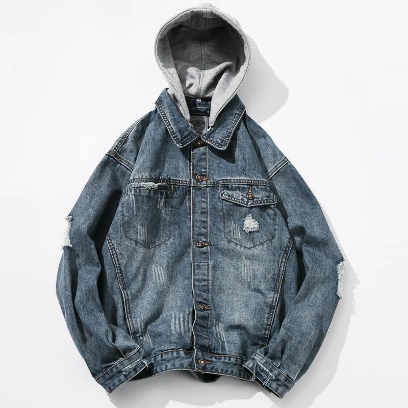 MORUANCLE Fashion Men Vintage Ripped Denim Jackets With Detachable Hood ...